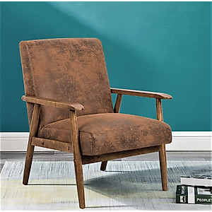 Container Furniture Direct Barlow Modern Vintage Accent Chair, Leather-Look Microfiber Armchair with Open Arm Design, Premium Foam Fill on Solid Wood Frame, 0, Rugged Brown