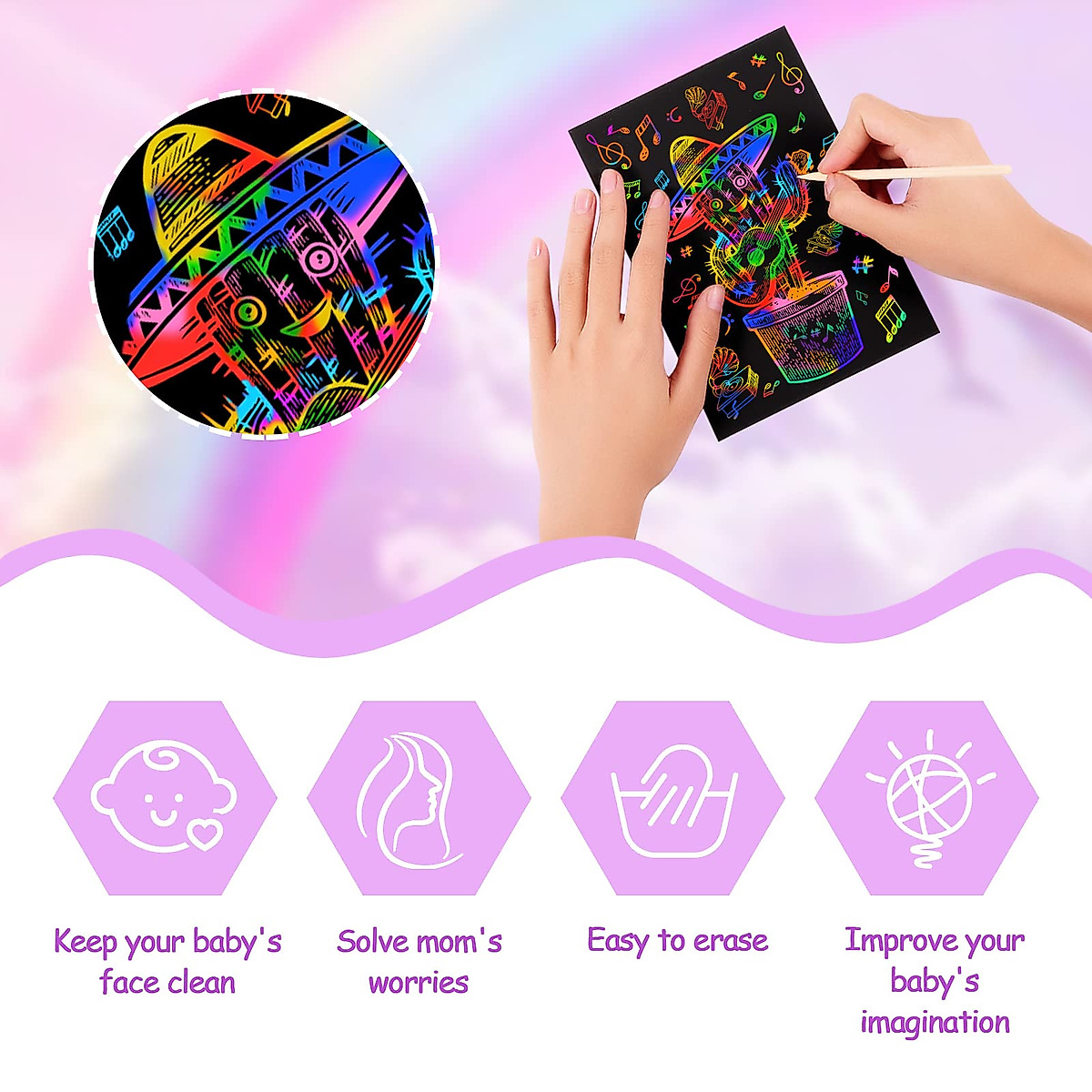 Scratch Art for Kids - 50 Pcs Black Scratch Off Art Paper, Rainbow Scratch Art with 5 Stylus and 4 Stencils, 4.9" X 7.1", Arts and Crafts for Kids Party Games Easter Christmas Birthday - Cactus