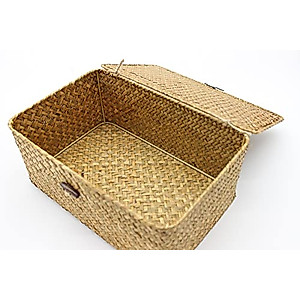Handwoven Seagrass Storage Bins Box with Lids, Rectangular Wicker Basket Storage Basket, Shelf Baskets Set of 3