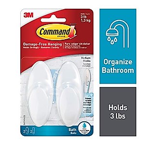 Command Bath Hook, Medium, Clear Frosted, 2-Hooks, 2-Medium Water Resistant Strips (BATH18-ES)