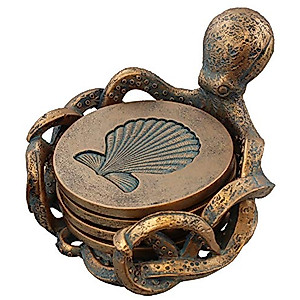 Octopus Coaster Set - Nautical Ocean Beach Sea Shell Coastal Decor - Bronze / Verdigris Finish