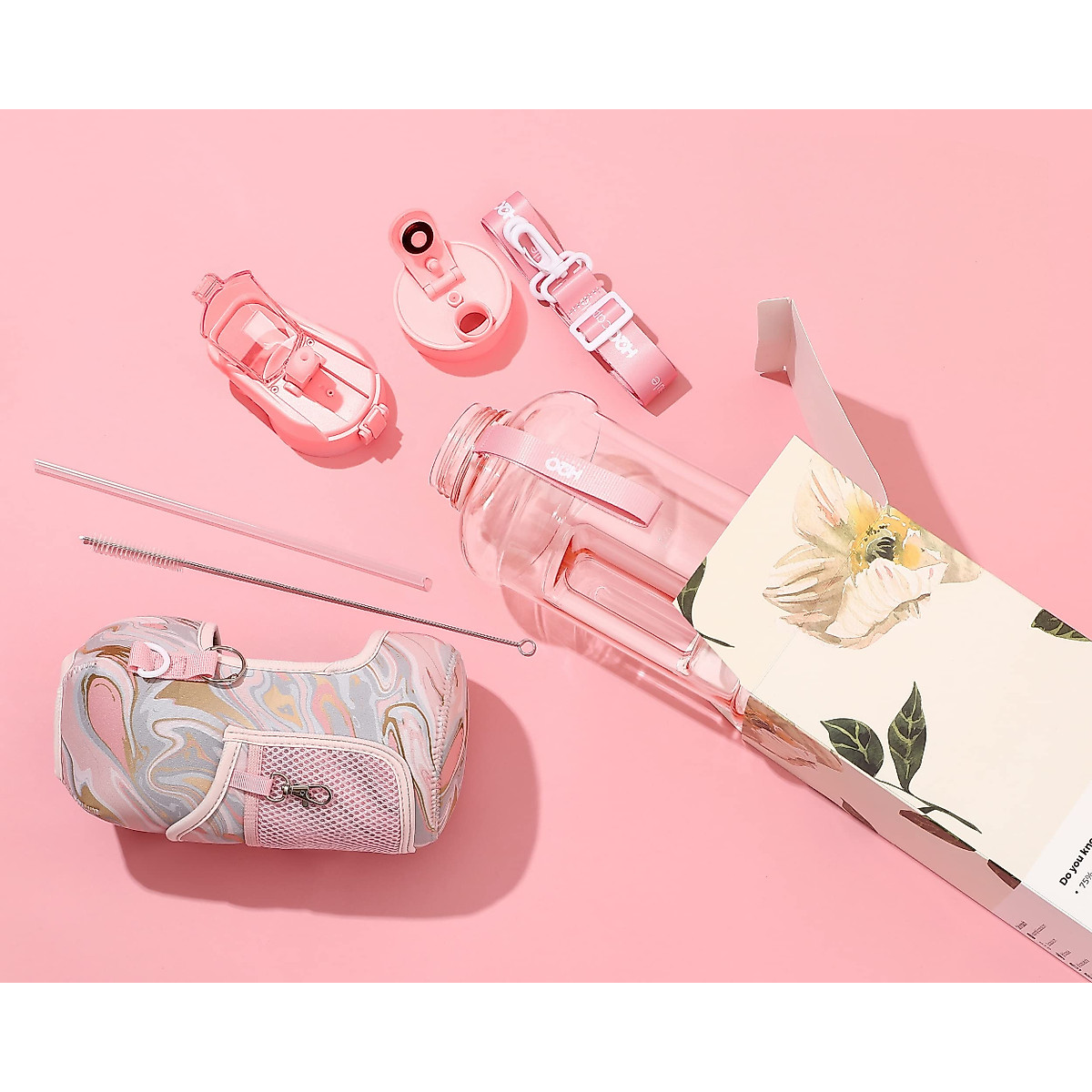 H2O Capsule 2.2L Half Gallon Water Bottle with Storage Sleeve and Removable Straw – BPA Free Large Reusable Drink Container with Handle - Big Sports Jug, 2.2 Liter (74 Ounce), Pink Marble