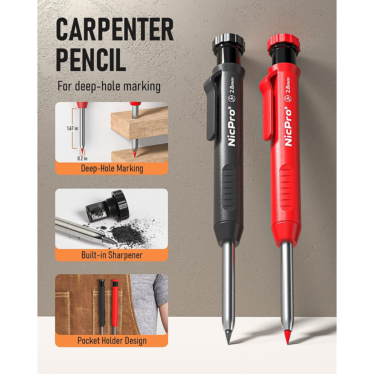 Nicpro Carpenter Pencil with Sharpener, Mechanical Pencils Set with 26 Refills, Deep Hole Marker for Construction, Heavy Duty Woodworking Pencils for Architect (Black, Red) - With Case