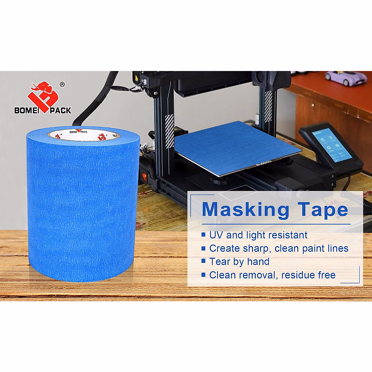 BOMEI PACK Wide Blue Painters Tape 6 Inches x 60 Yards, 3D Tape, 3D Printing Tape for Laser Cutting, 21-Day Clean Removal Wide Masking Tape