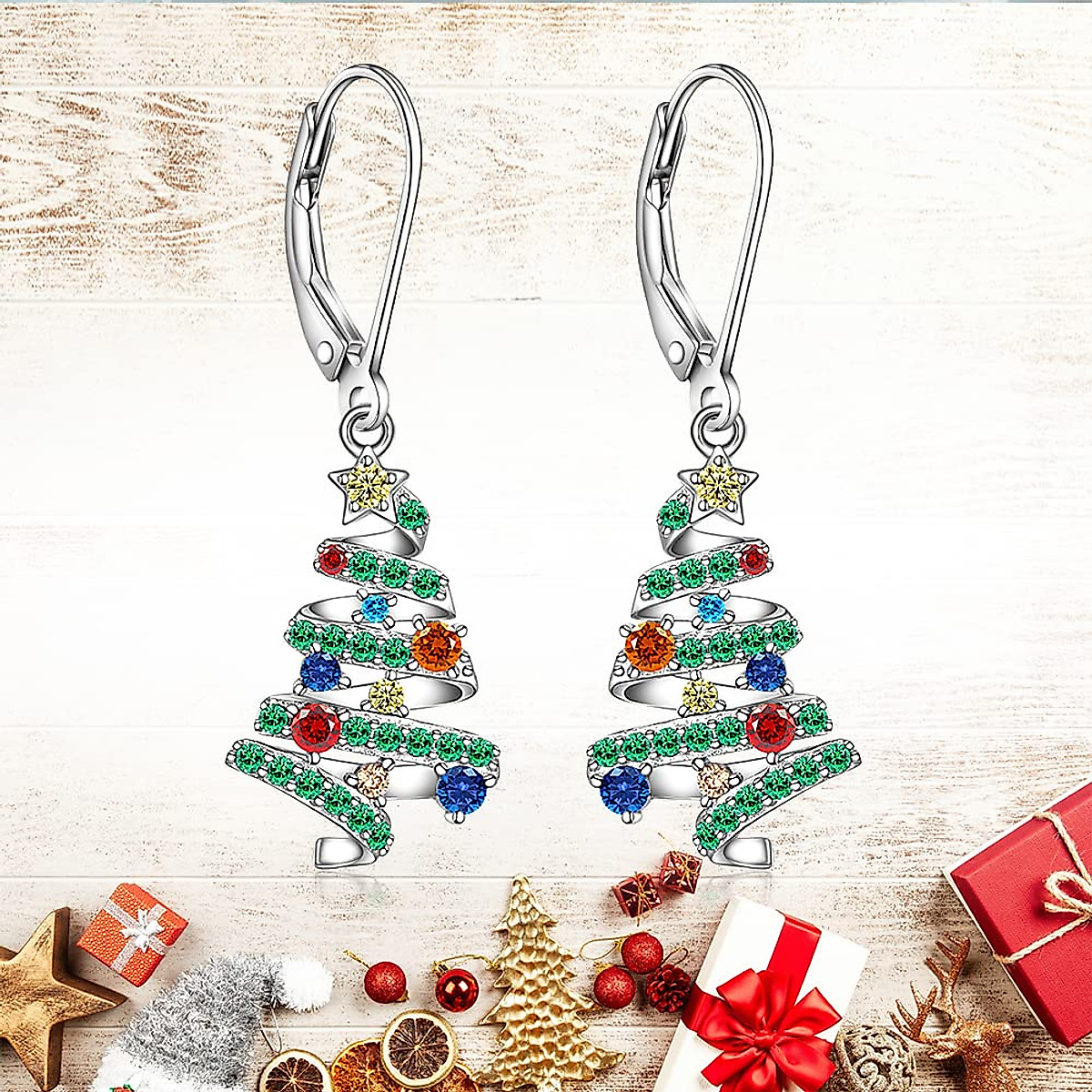Christmas Earrings Christmas Tree Earrings for Women Dangle Drop S925 Sterling Silver Leverback Holiday X-Mas Jewelry