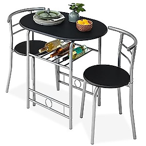 Best Choice Products 3-Piece Wooden Round Table & Chair Set for Kitchen, Dining Room, Compact Space w/Steel Frame, Built-in Wine Rack - Black/Silver