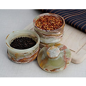 Radicaln Salt & Pepper Bowl – 5” Handmade Marble Green Onyx Dual Salt Cellar With Lid – 2” Each Brown Sugar Butter Keeper Spice Herbs Container Kitchen Accessories