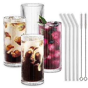 Combler Glass Cups with Straws, Drinking Glasses 12.5oz, Ribbed Glassware Set of 4, Iced Coffee Cup, Coffee Bar Accessories, Vintage Glassware Sets for Beer Smoothie Whiskey Cocktail Glasses, Gifts