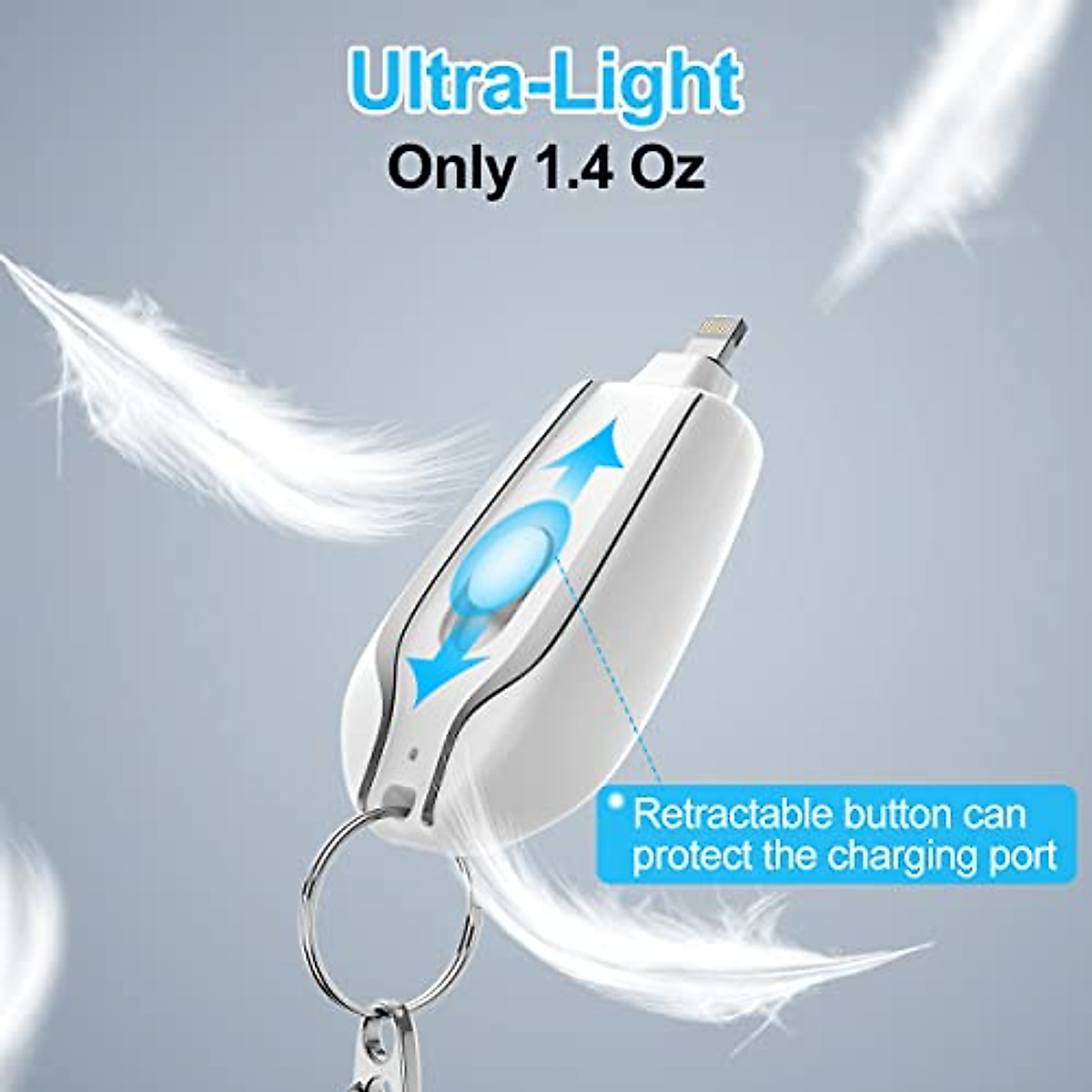 EMNT Keychain Portable Charger for iPhone, 1700mAh Mini Power Emergency Pod,Ultra-Compact External Fast Charging Power Bank Battery Pack, Key Ring Cell Phone Charger,Charger Smaller Than a Card,White