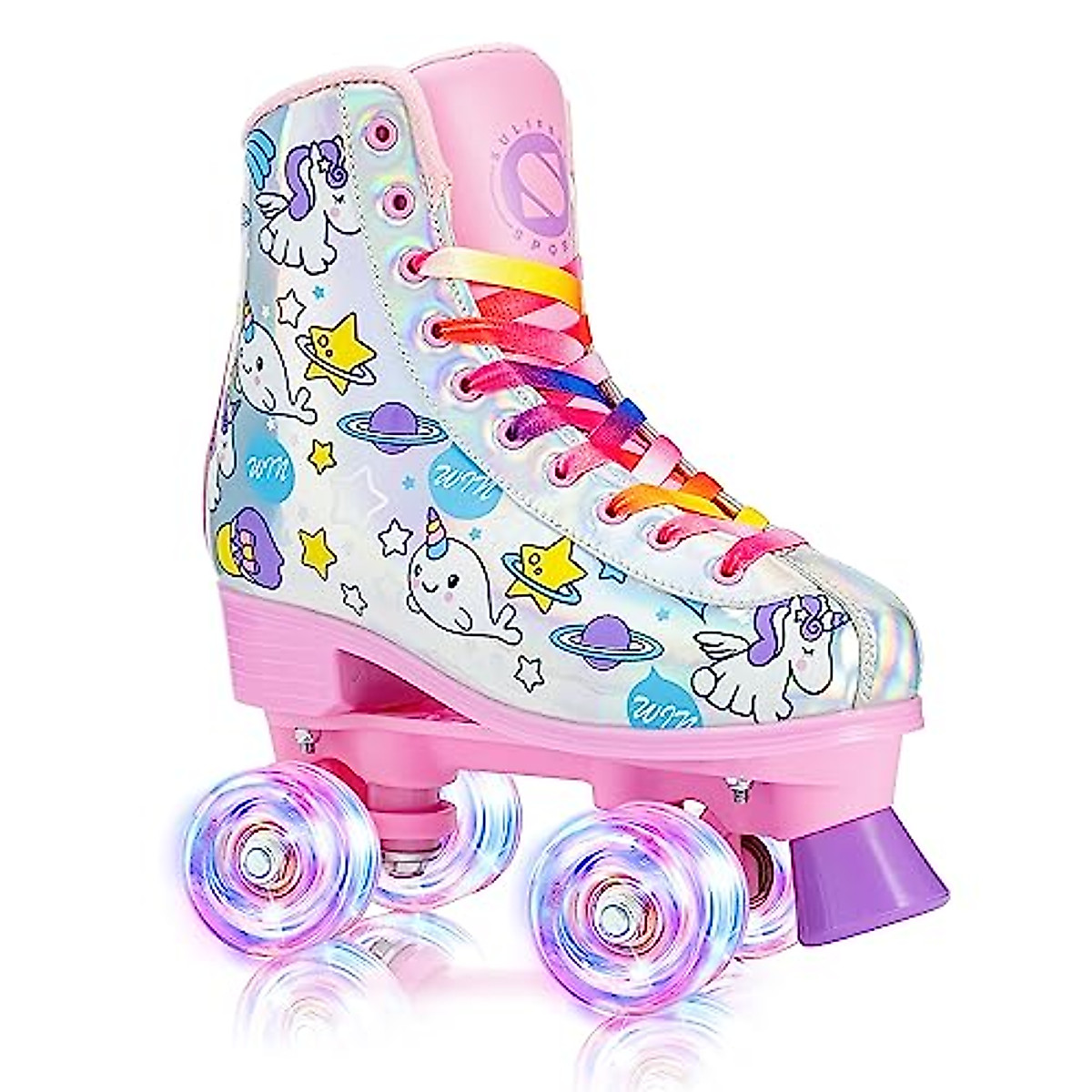 SULIFEEL Rainbow Unicorn Roller Skates for Girls Light up Wheels Womens Quad Skates with High Top Reflective TPU Leather Unicorn