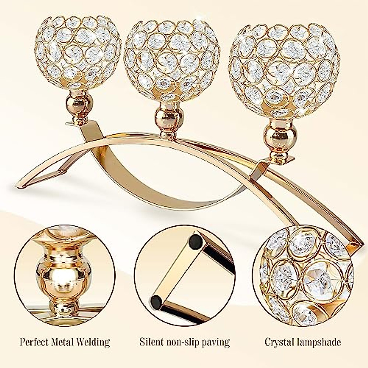 Crystal Candle Holders, Tealight Candlestick Candelabra Stand with 3 Arms,Candle Holder for Wedding Home Decor/Table Centerpiece Party Decoration (Gold)