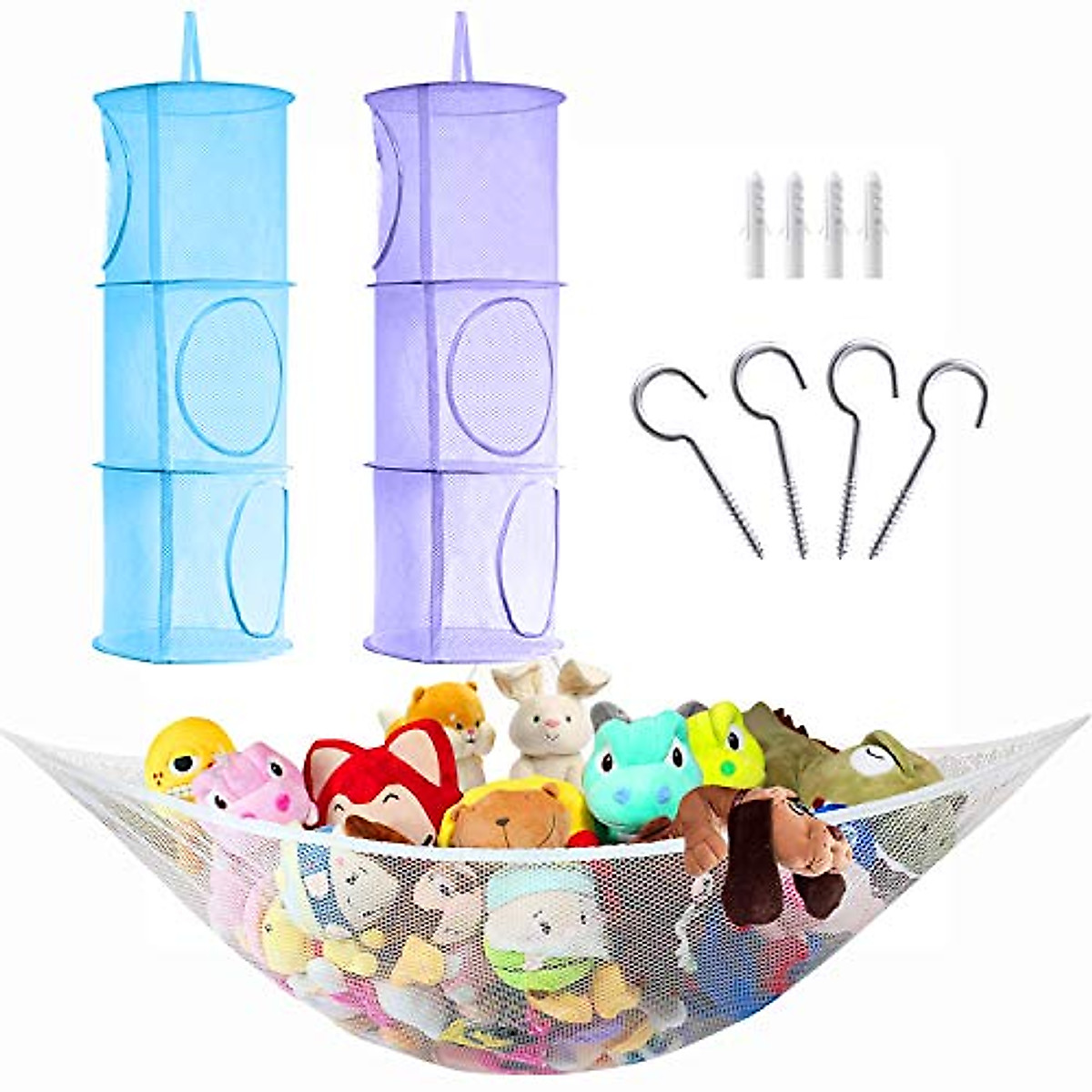 2 Pcs Hanging Mesh Storage Basket with 1 Stuffed Animals Toy Net Hammock, Hommtina Foldable Corner Organizer 3 Tier, Neatly Organize Kid’s Plush Toys and Save Space (Blue+Purple)
