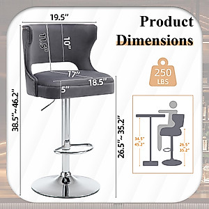 ABET Adjustable Bar Stools Set of 2, Velvet Swivel Counter Barstools with Hollow Back Footrest Soft Upholstered Bar Chairs for Kitchen Island Dining Room Home Bar Bistro, Grey, Chrome Base