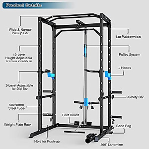 ULTRA FUEGO Power Cage, Multi-Functional Power Rack with J-Hooks, Dip Handles, Landmine Attachment and Optional Cable Pulley System for Home Gym (Power Cage with LAT Pulldown)