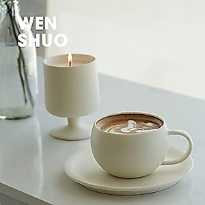WENSHUO Egg Shape Coffee Mug, Round Teacup with Saucer, Matte Crème, 8oz