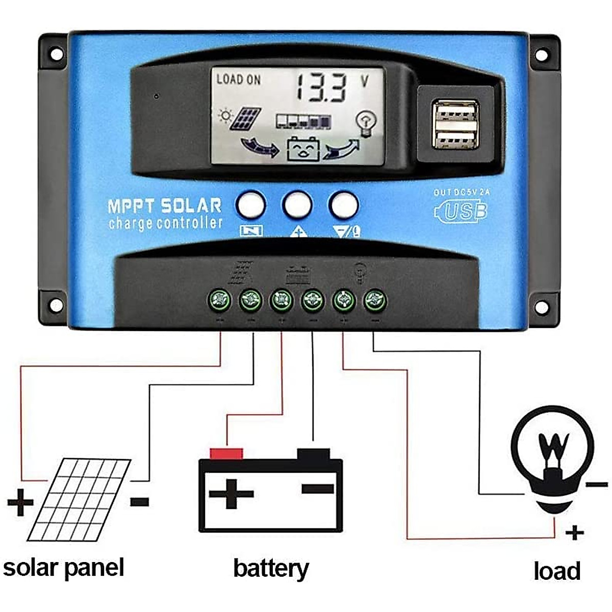 100A MPPT Solar Charge Controller 12v/24v Current Auto Focus MPPT Tracking Charge with LCD Display Dual USB Solar Regulator Charge Controller Multiple Load Control Modes