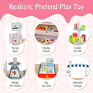 HONEY JOY Kids Food Cart, 30-Piece Toddler Pretend Play Grocery Store Playset w/Cash Register & Scale, Wooden Dessert Shop Play Market, Children Beverage Stand Cart w/Wheels, Gift for Boys Girls