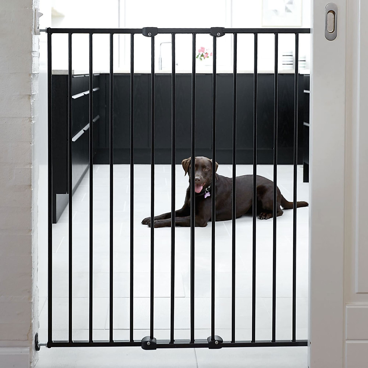 Scandinavian Pet Design Extra Tall 42 Inch Wall Mount Extendable Portable Animal Pet Safety Gate for Large and Small Dogs with Extension Kit, Black
