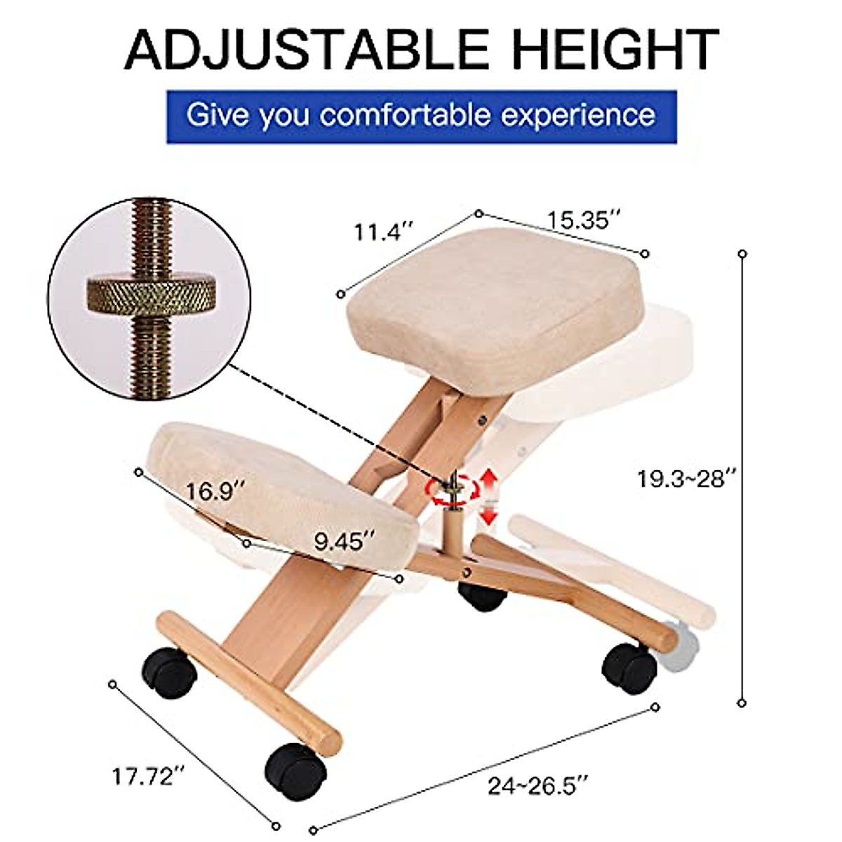 HALEDAZE Adjustable Wooden Ergonomic Kneeling Chair Home Office Computer Chair for Relieve Pain with Beige Fabric