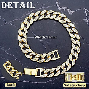 Cuban Link Dog Collar Diamond Gold Chain Dog Collar Walking Metal Gold Chain for Dogs with Design Secure Buckle,Pet Cuban Collar Jewelry Accessories for Small, Medium, Large Dogs and Cats