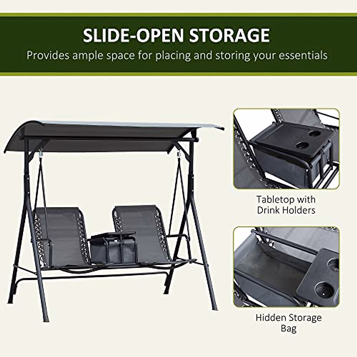 Outsunny 2-Seat Patio Swing Chair, Outdoor Canopy Swing Glider with Pivot Storage Table, Cup Holder, Adjustable Shade, Bungie Seat Suspension and Weather Resistant Steel Frame, Grey