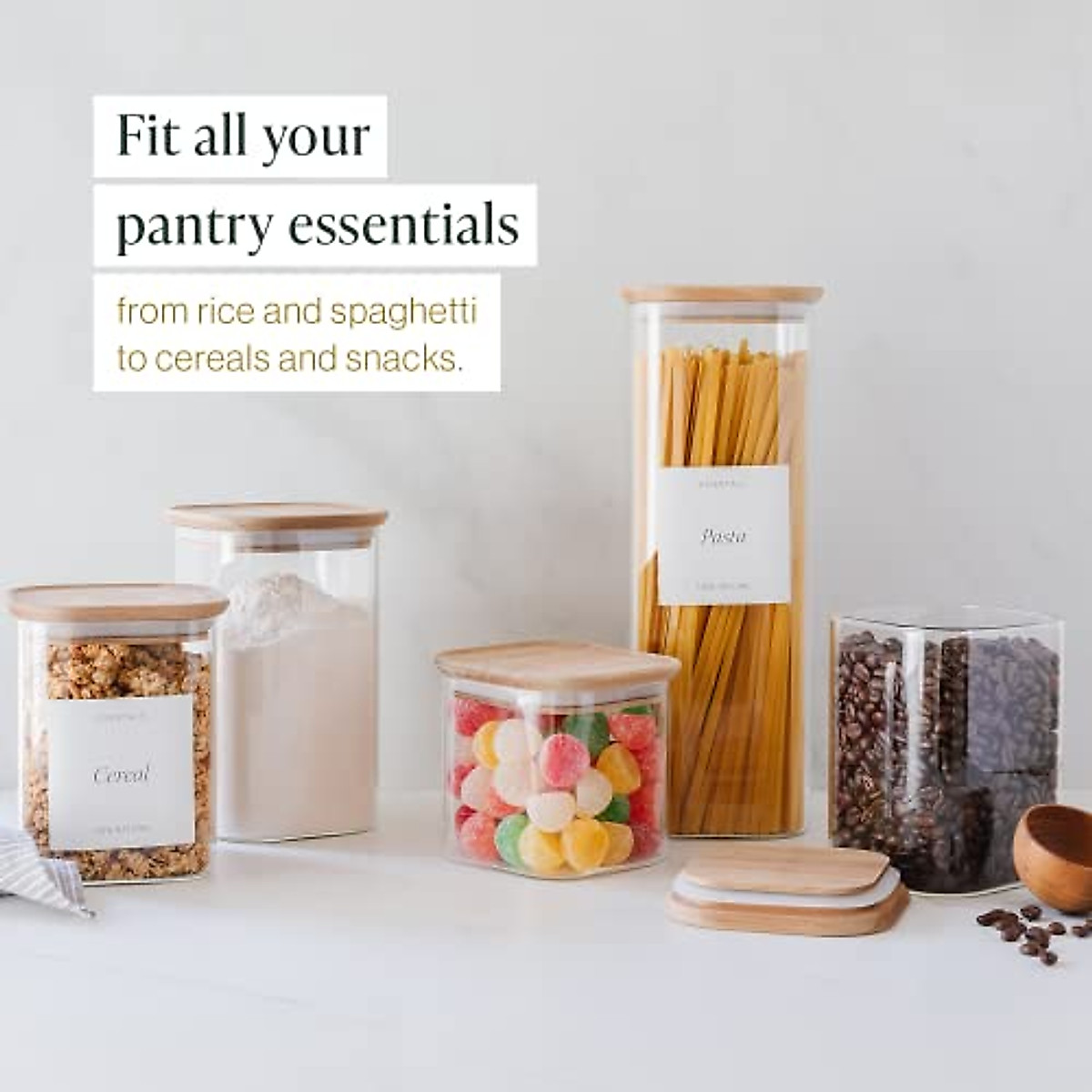 Bloom & Breeze Airtight Glass Pasta Containers for Pantry, Spaghetti Container, Glass Cereal Containers Storage, Rice Dispenser, Square Glass Storage Acacia Lids, Pack of 5