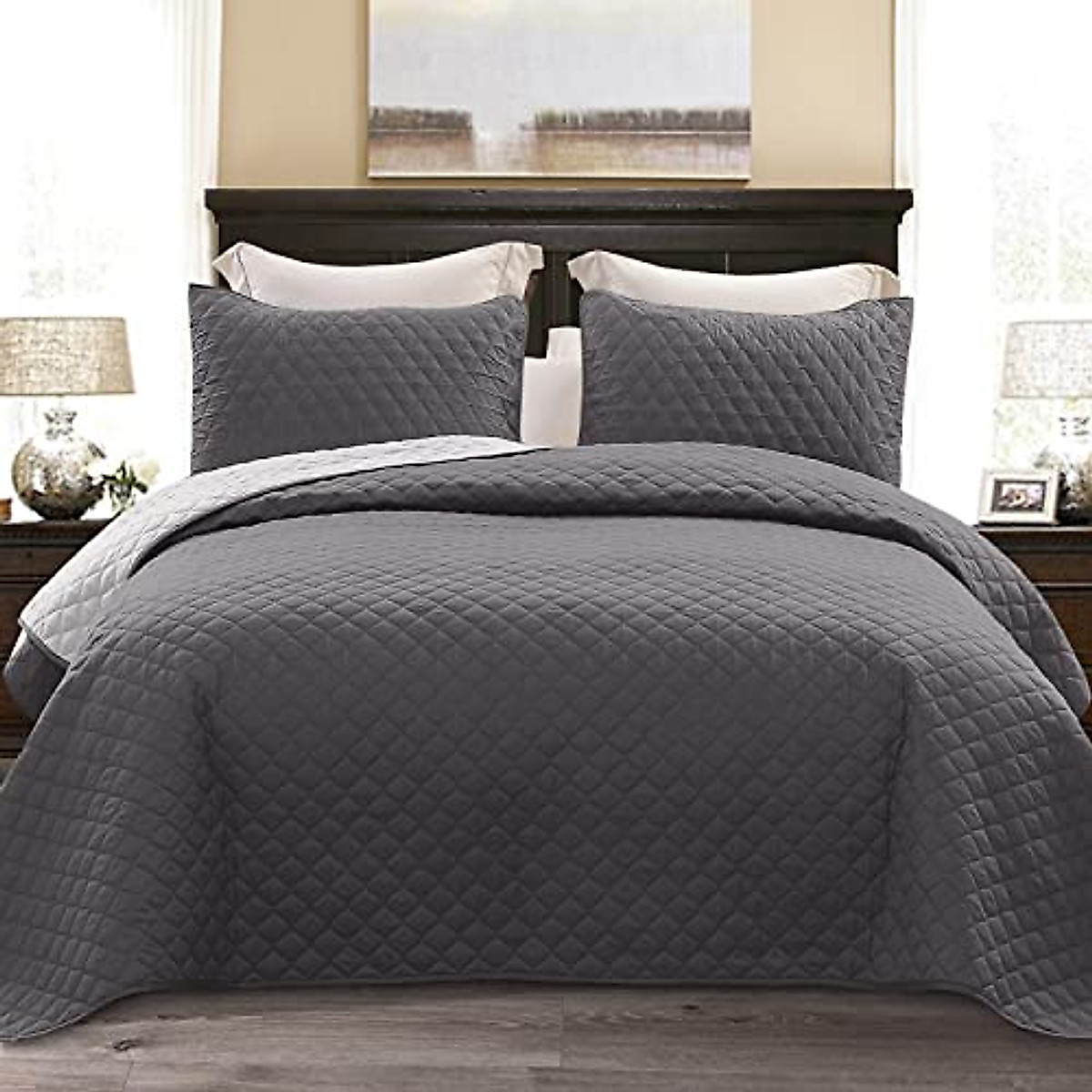Exclusivo Mezcla Ultrasonic Reversible 3 Piece King Size Quilt Set with Pillow Shams, Lightweight Bedspread/Coverlet/Bed Cover - (Grey, 92"x104")