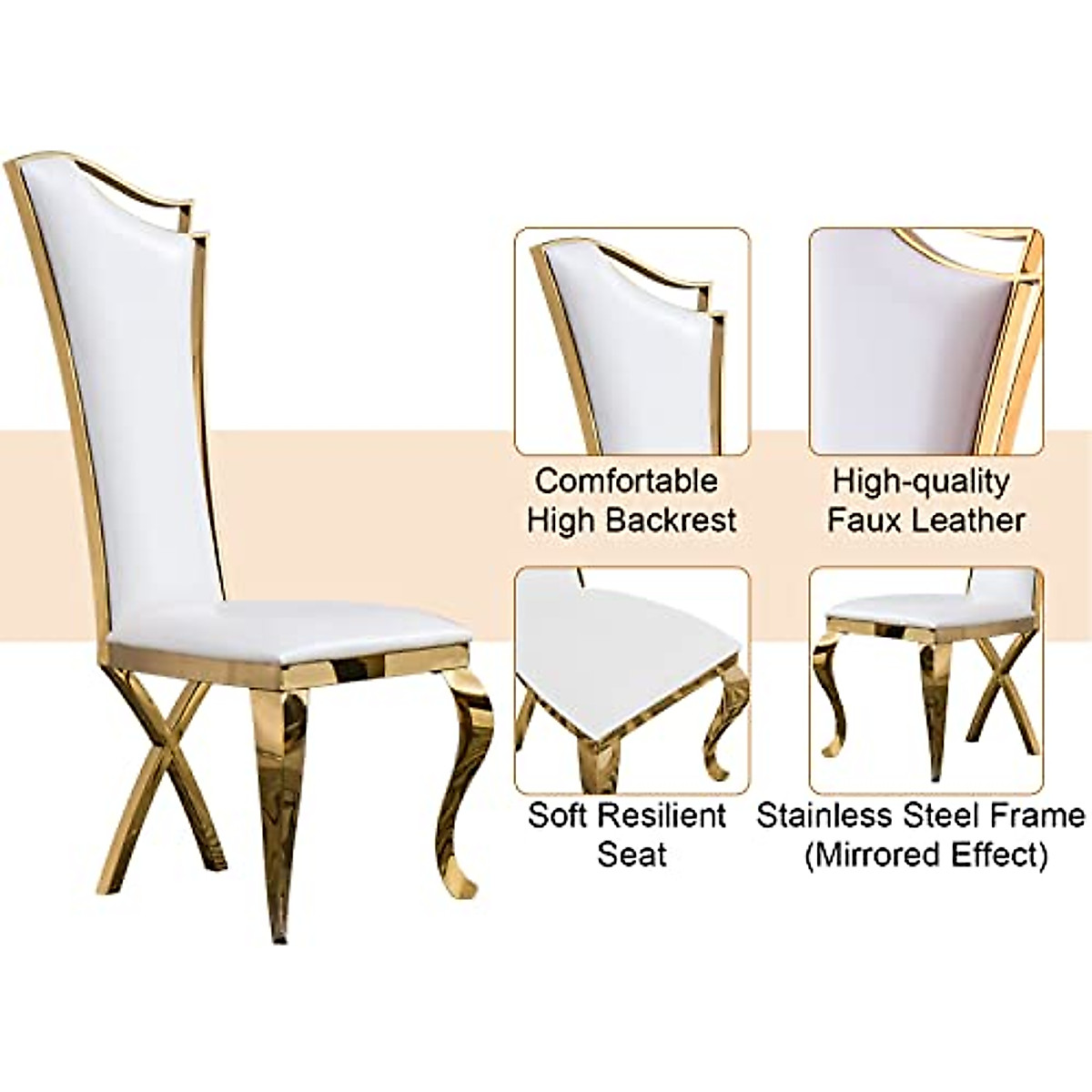 Goderfuu Dining Chairs Set of 6 - Kitchen Dining Room Chairs White Leather Dining Chairs with High Gloss Stainless Steel Gold Legs, Modern Dining Chairs Kitchen Chairs White Accent Chairs Side Chairs