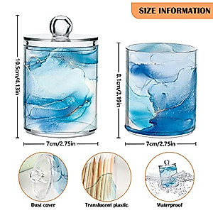 ALAZA 2 Pack Qtip Holder Dispenser Teal Turquoise Marble Bathroom Organizer Canisters for Cotton Balls/Swabs/Pads/Floss,Blue Marble Plastic Apothecary Jars for Vanity