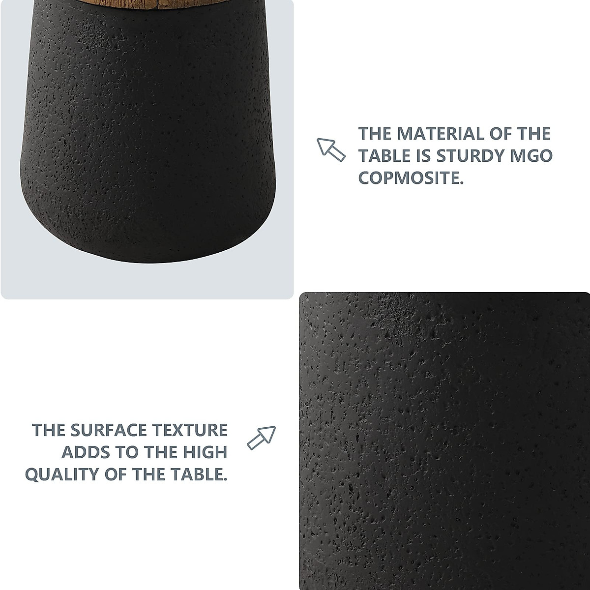 COSIEST 2 Pieces Outdoor Side Table, Set of 2 Drum End Table, Cylinder Shaped Concrete Side Table Faux-Wood Top, Black Outdoor Accent Table with Tree Trunk Slice Hand Painted, Accent Stool