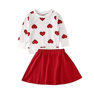 GOOCHEER Valentine's Day Toddler Girl Outfit Heart Long Sleeve Top Skirt 2pcs Kids Toddler Girl Valentine's Day Clothes Set (Red Heart, 4-5T)