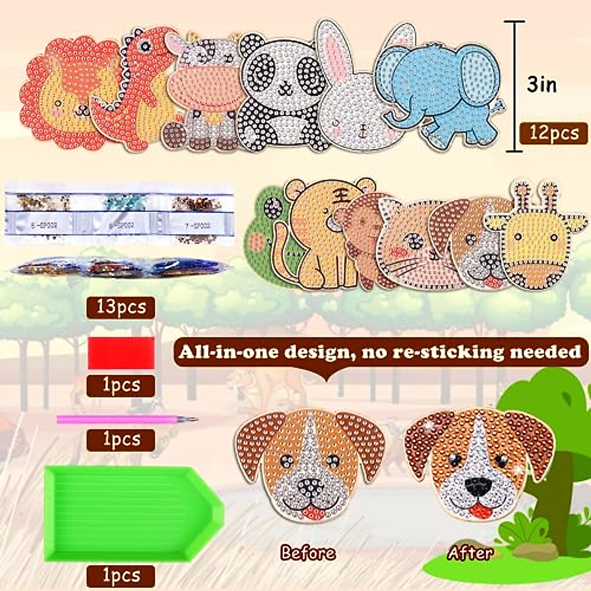 BSRESIN 12 PCS Animal Diamond Painting Magnets for Refrigerator, Diamond Painting Kits for Refrigerator Stickers, Diamond Art Craft Kits for Adults, Diamond Painting Accessories