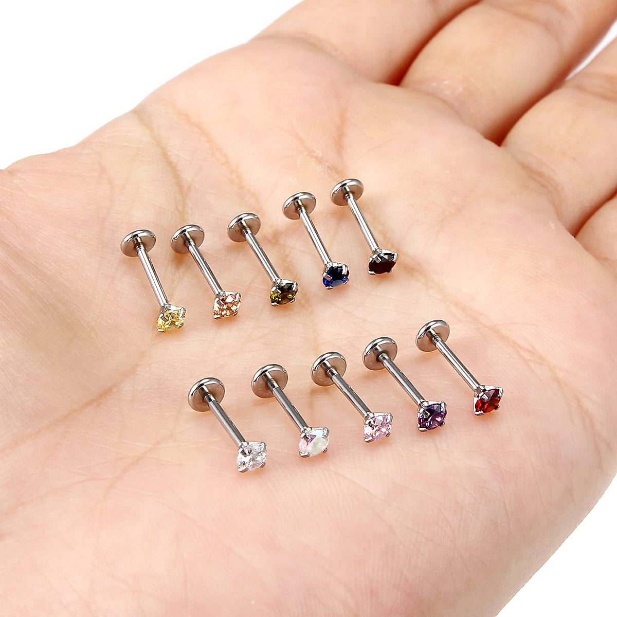 Vsnnsns 18G Threadless Push in Lip Rings Stainless Surgical Steel Labret Monroe Lip Rings Nail Cartilage Tragus Helix Earrings Studs Nose Ring Medusa Piercing Jewelry For Women Men 3mm Mix Color CZ