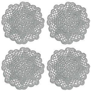 BIBITIME Handmade Crochet Round Lace Doilies Kitchen Table Placemats Wedding Tea Flower Vase Cup Mats (6" to 7",Pack of 4PCS, Light Grey)