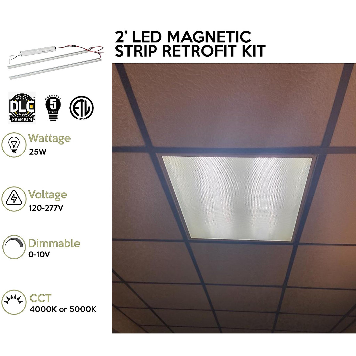 WareLight LED Magnetic Strip Retrofit Kit for Linear Ceiling Fixtures - 25 Watt, 4000K Lighting, 2 Foot, 2 Strips