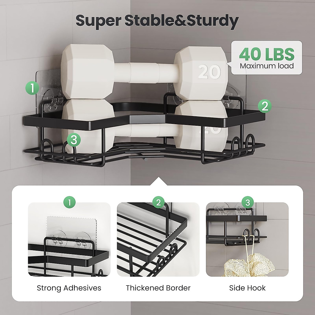 Corner Shower Caddy Adhesive，5 Pack Shower Organizer Corner with Soap Holder and Toothbrush holder, Bathroom Shelves Rack Rustproof Stainless Steel, Large Capacity, No Drilling Shelves for Storage