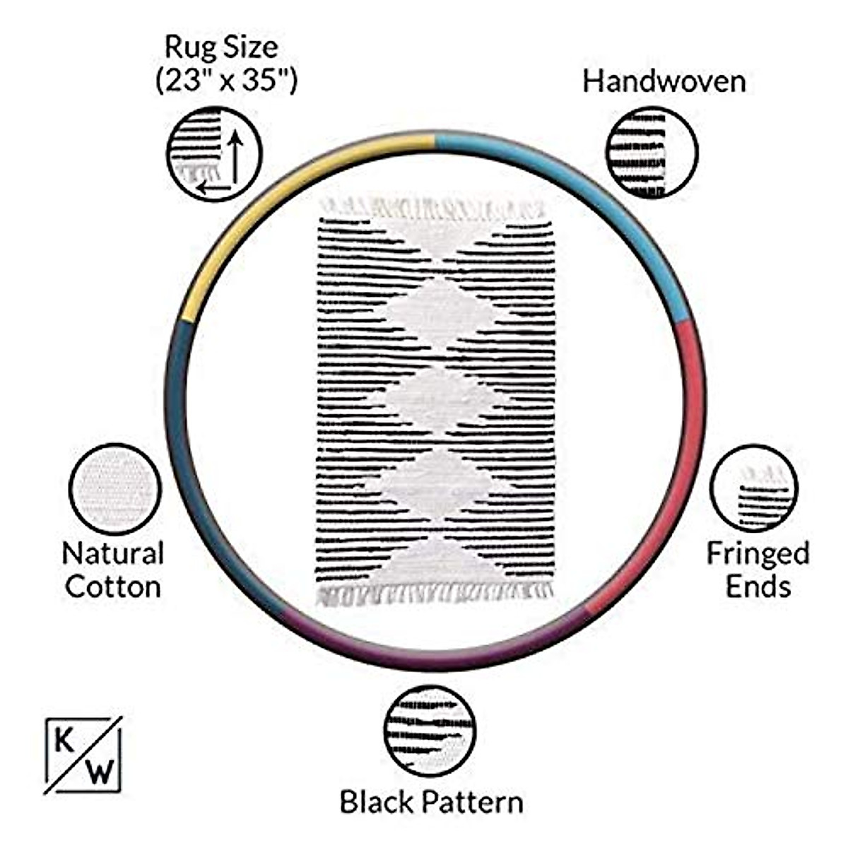 Kent & West - Accent Rug | Handwoven | Natural Cotton | Black Pattern | Fringed Ends | 23" x 35"