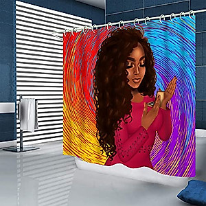 African American Woman Shower Curtains for Bathroom, 4PCS Bathroom Sets Include 1 Fabric Shower Curtain, 2 Non-Slip Bathroom Rugs and 1 Toilet Lid Cover, Black Girl Bathroom Decor (Purple)