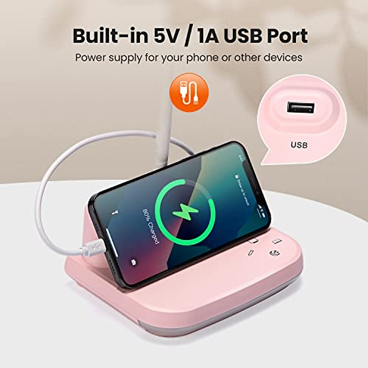 CELYST LED Rechargeable Desk Lamp, 5-in-1 Small Desk Lamp with USB Charging Port, Pen Holder, Night Light, Portable Desk Light for Home Office Student Children Kids College Dorm (Pink)