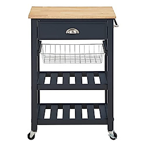 OSP Home Furnishings Hampton Kitchen Cart with Wood Top, Utensil Drawer, Under Cabinet Basket, and 2 Slatted Shelves, Blue Stone Base