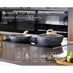 JEETEE Pots Nonstick, 1.5 Quart & 2.5 Quart Induction Granite Coating Saucepan Sets with Glass Lid & Pour Spout, PFOA Free (Grey, 4pcs Pots Set)