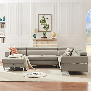 HAUSHECK 3 Piece Sofa U Shape Sectional Couches with Headrests Adjustment, Left Chaise with Storage, Linen Fabric, Living Room Furniture Set, 120" D x 94.5" W x 36.2" H, Smoke