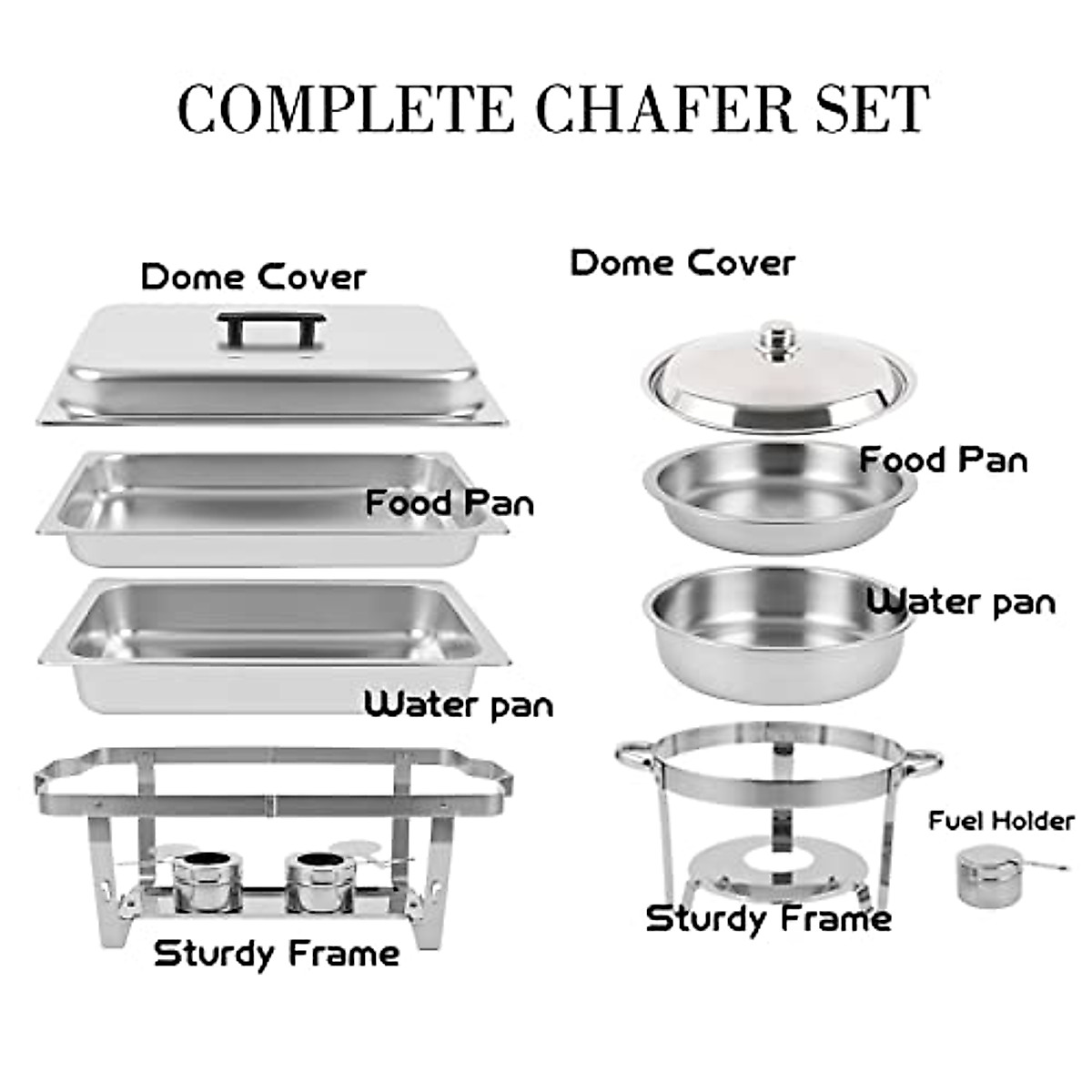 Restlrious Chafing Dish Buffet Set 4 Pack, Stainless Steel 5 QT Round & 8 QT Rectangular Foldable Chafers and Buffet Warmers Set, Full Size w/Water Pan, Food Pan, Fuel Holder & Lid for Catering Event