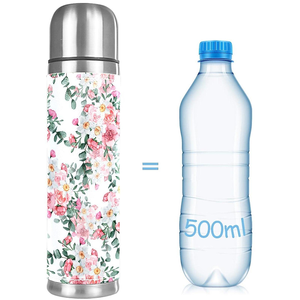 Stainless Steel Leather Vacuum Insulated Mug Flowers Thermos Water Bottle for Hot and Cold Drinks Kids Adults 16 Oz