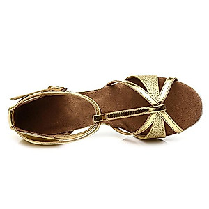 ROGMUJEN Women Latin Ballroom Dance Shoes Tango Salsa Party Dress Pump Heeled Dance Shoes,Gold,8.5US