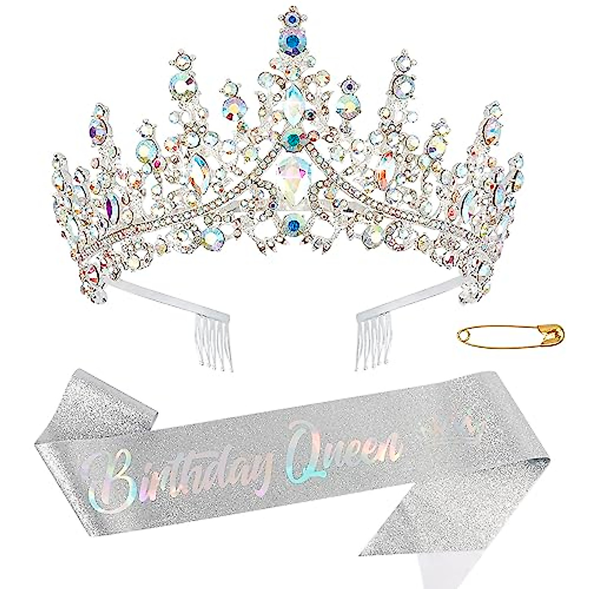 Chanaco Birthday Crown Birthday Sash Birthday Crowns for Women Birthday Queen Sash Silver Tiara Happy Birthday Decorations Rhinestone Headband Birthday Party Gifts
