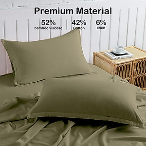 Olive Green Linen-Textured Bed Sheets Set, Bamboo Rayon , Cotton , Linen Blend Bed Sheets Full Size, Soft Cool & Breathable for Hot Sleepers,Durable Natural Organic Bed 15'' Deep Pocket - 4 Piece