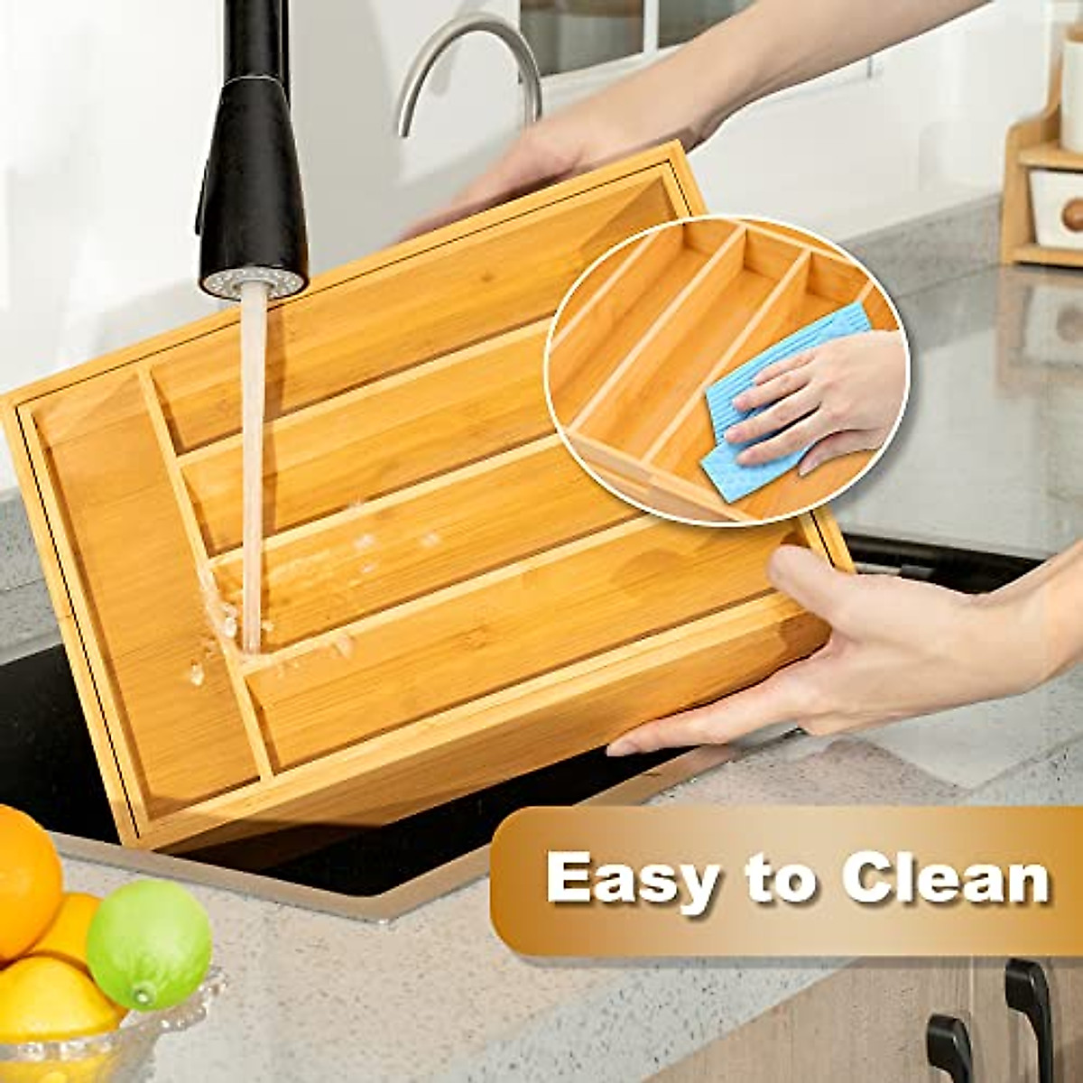 Besilord Expandable Utensil Organizer Silverware Organizer for Kitchen Adjustable Utensils Holder Bamboo Large Flatware Silverware Cutlery in Drawer