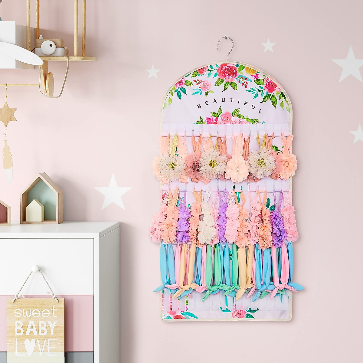 FIOBEE Baby Headband Holder Hair Bow Storage Wall Hanging Organizer Newborn Headbands Hanging Holder Girls Hairband Display for Wall Closet Kids Room, Flower