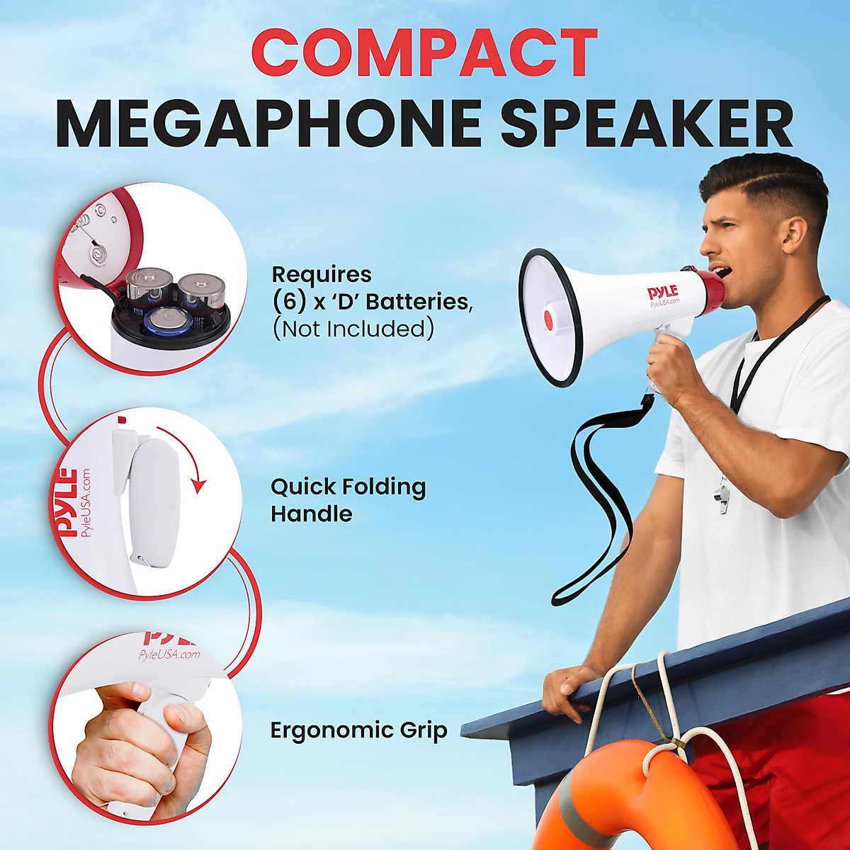 Pyle 40 Watt Professional Megaphone Clear Sound & Ergonomic Grip - Multi-Function with Talk, Siren, Volume Control - Detachable Handheld Mic - Indoor & Outdoor Sports, Emergency Response
